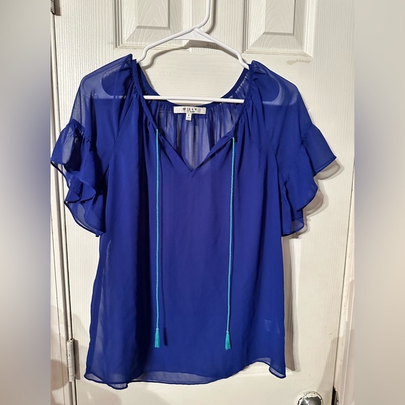 Milly | Tops | Milly Blue Flutter Sleeve Ruffled Blouse | Poshmark